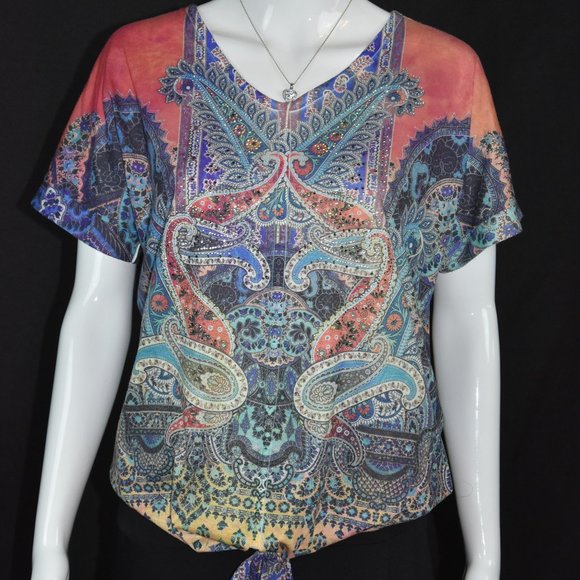 Chico's | Tops | Chicos Size 0 Small Multi Color Studded Short Sleeve ...